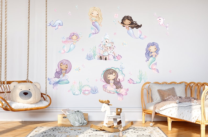 Mermaid Nursery Wall Decal, Watercolor Sea Animals, Under the Sea ...