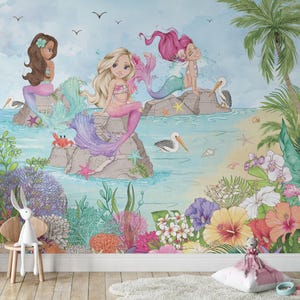 Mermaid Nursery Wallpaper Underwater Wall Mural for Girls Room Peel and ...