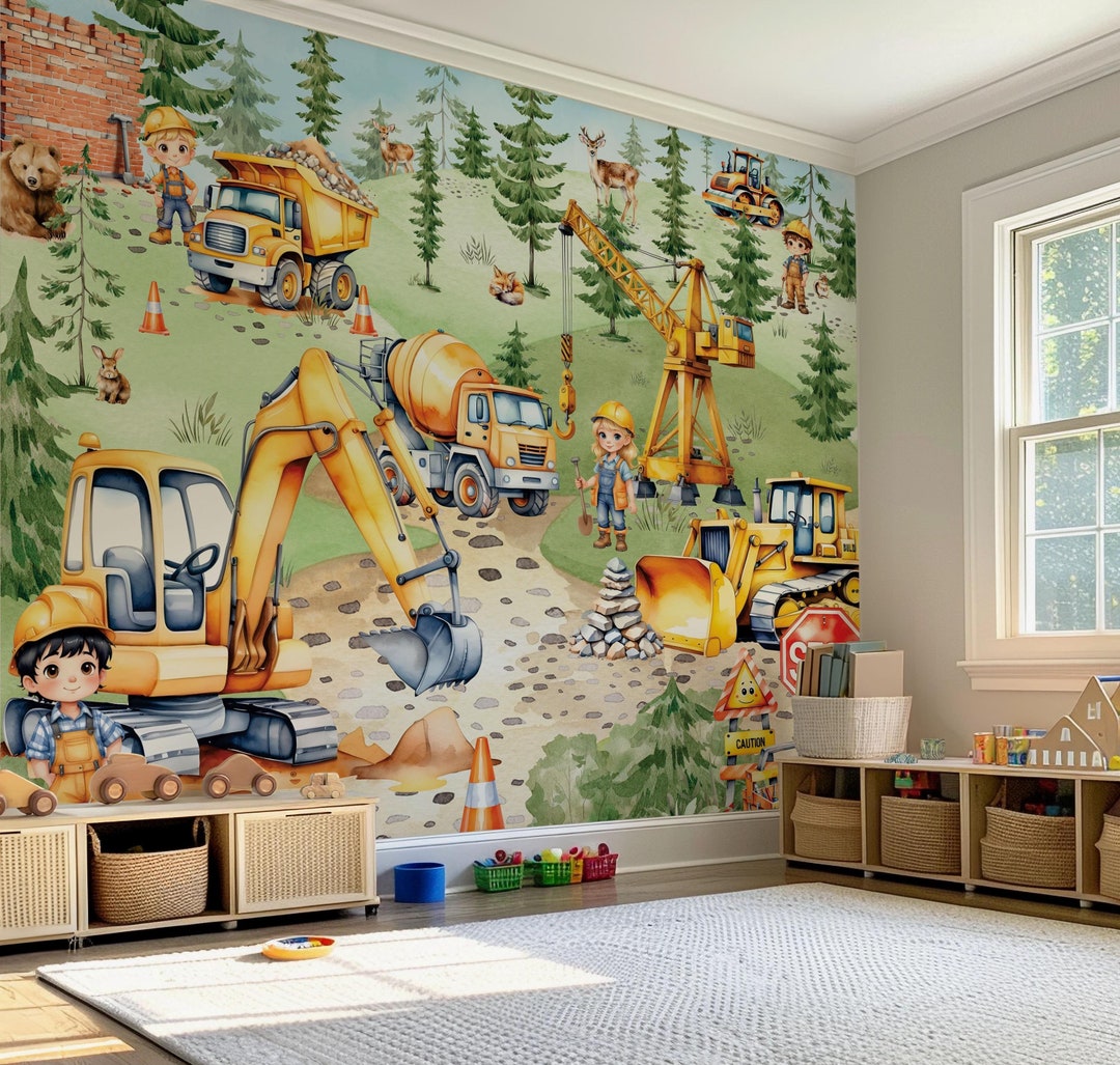 Construction Wallpaper for Boys Watercolor Trucks and Excavator Wall ...