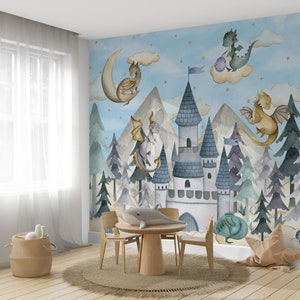 Dragon Nursery Wallpaper Fairy Castle Wall Art Sky and Clouds Forest ...