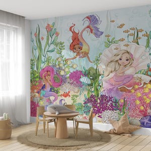 Mermaid Nursery Wallpaper Underwater Wall Mural for Girls Room Peel and ...