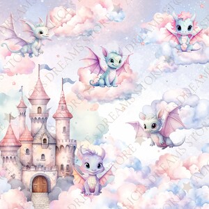 Pink Dragon Nursery Wallpaper for Girls Room Fairy Castle Wall Art Sky ...