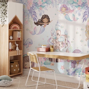 Mermaid Nursery Wallpaper Underwater Wall Mural for Girls Room Peel and ...