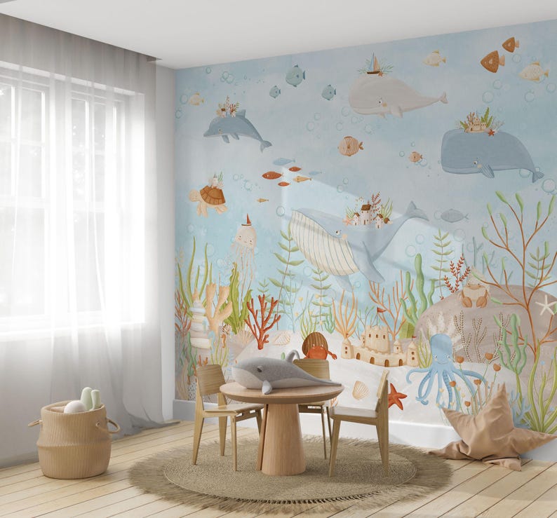Ocean Nursery Wallpaper Mural Underwater Whale & Sea Life Wall Art Baby ...