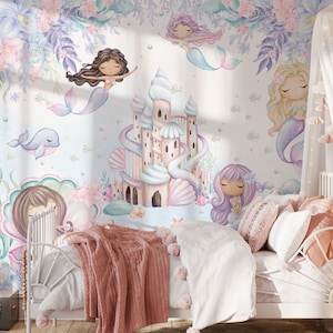 Mermaid Nursery Wallpaper Underwater Wall Mural for Girls Room Peel and ...