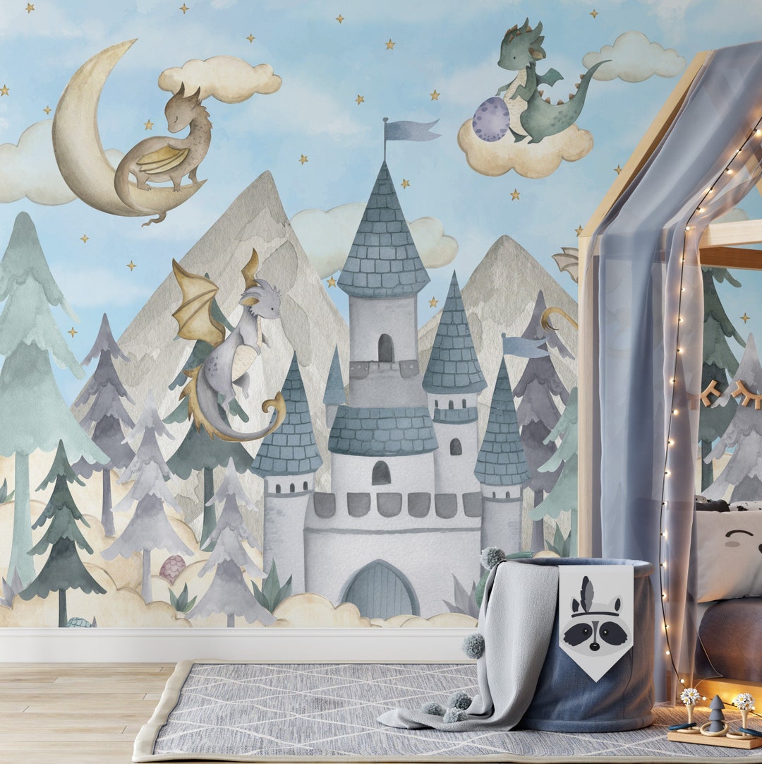 Dragon Nursery Wallpaper Fairy Castle Wall Art Sky and Clouds Forest ...