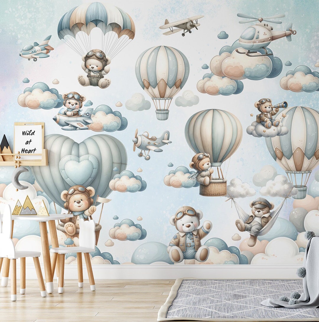 Hot Air Balloon Nursery Wallpaper Flying Teddy Bear Aviator Wall Mural ...