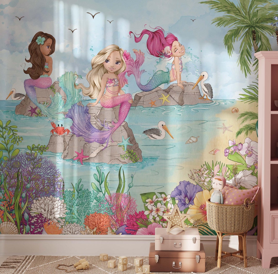 Mermaid Nursery Wallpaper Underwater Wall Mural for Girls Room Peel and ...