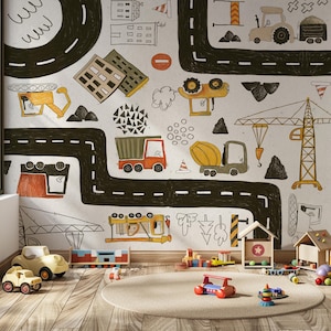 Construction Wallpaper for Boys Watercolor Trucks and Excavator Wall ...