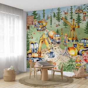 Construction Wallpaper for Boys Watercolor Trucks and Excavator Wall ...