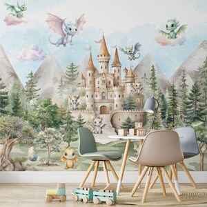 Dragon Nursery Wallpaper Fairy Castle Wall Art Sky and Clouds Forest ...