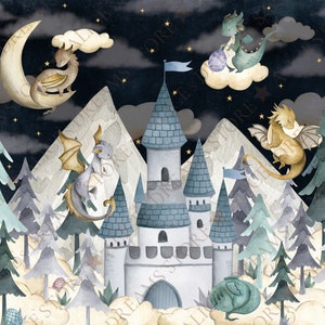 Dragon Nursery Wallpaper Fairy Castle Wall Art Sky and Clouds Forest ...