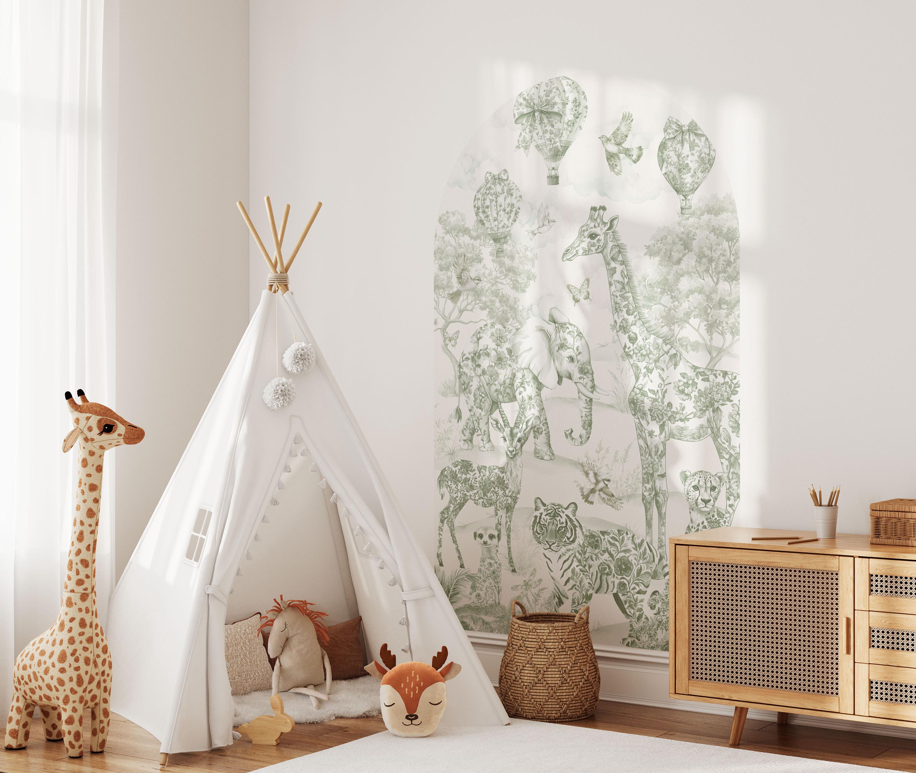 Chinoiserie Arch Nursery Wall Decal Green Toile De Jouy Backdrop Safari ...