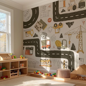Construction Wallpaper for Boys Watercolor Trucks and Excavator Wall ...