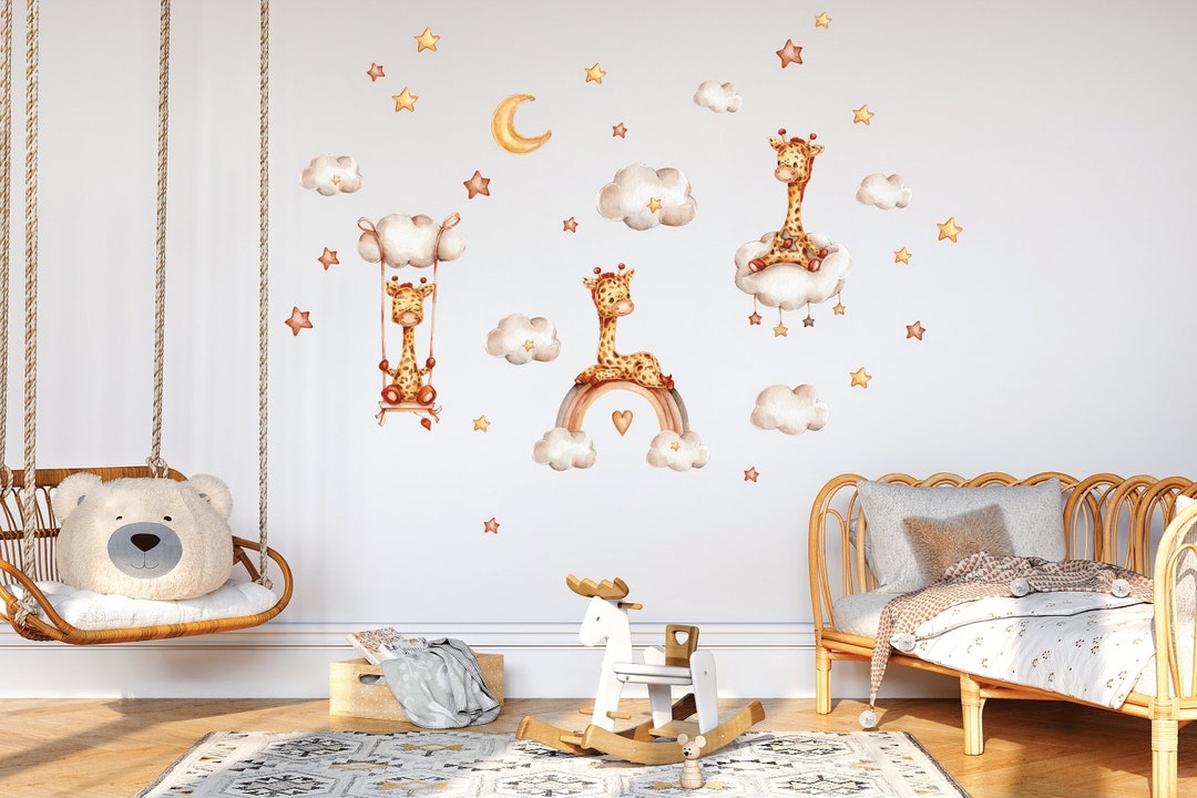 Giraffe on the Rainbow and Clouds, Nursery Wall Decal, Watercolor ...