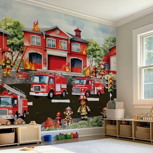 Firefighter Nursery Wallpaper for Boys Watercolor Fire Truck Wall Mural ...