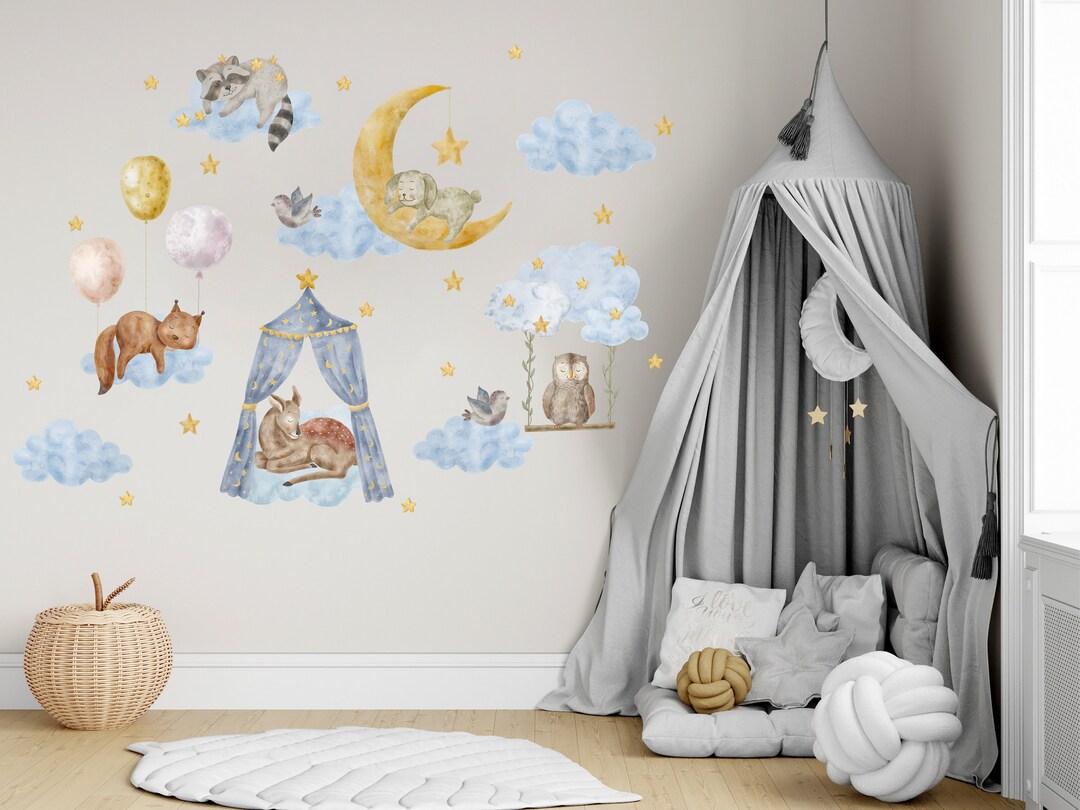 Sleeping Forest Animals, Nursery Wall Decal, Cute Watercolor Animal ...