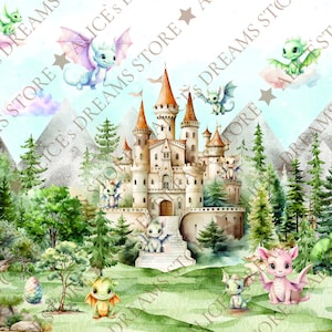 Dragon Nursery Wallpaper Fairy Castle Wall Art Sky and Clouds Forest ...