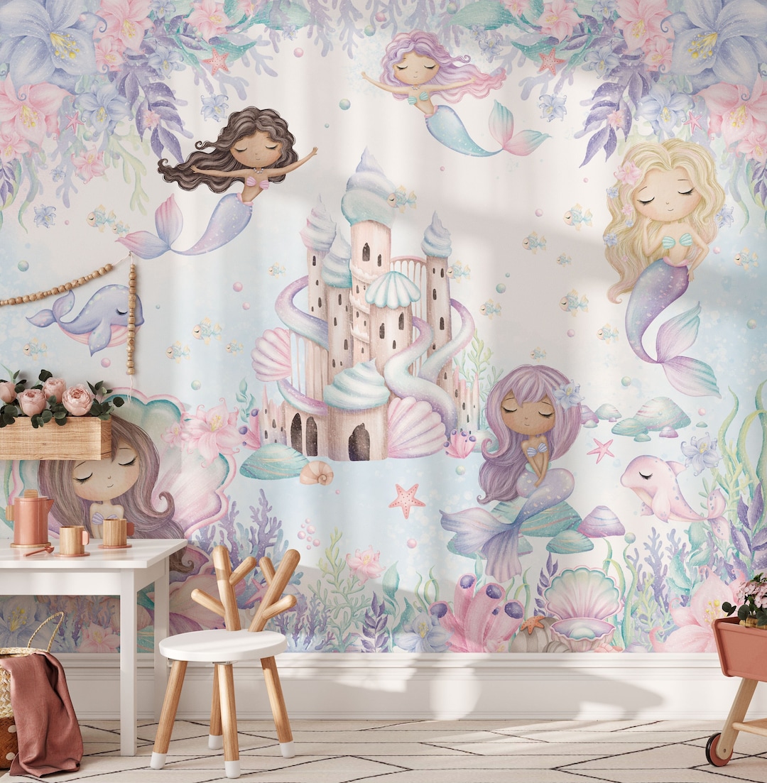 Mermaid Nursery Wallpaper Underwater Wall Mural for Girls Room Peel and ...