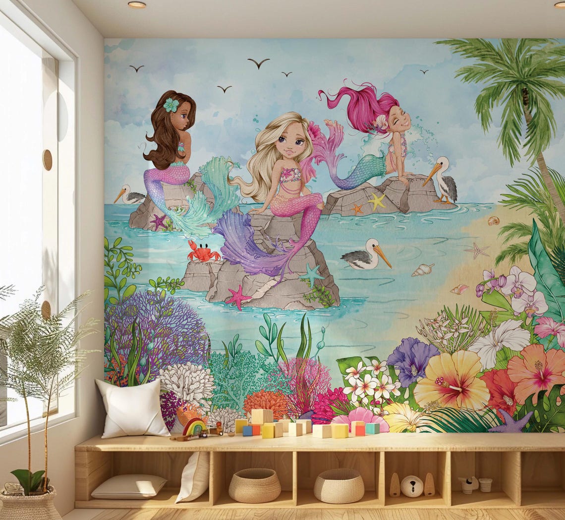 Mermaid Nursery Wallpaper Underwater Wall Mural for Girls Room Peel and ...