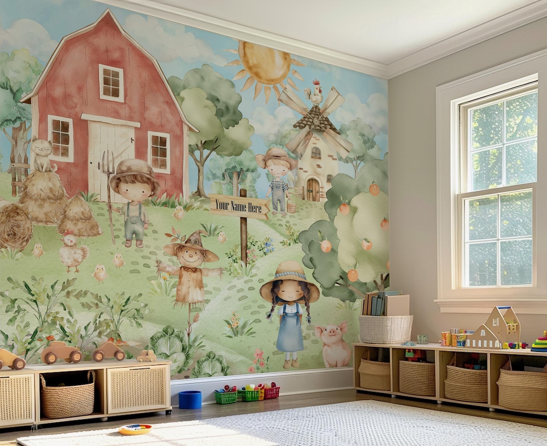 Personalized Farm Animals Nursery Wallpaper Farmhouse Wall Mural Peel ...