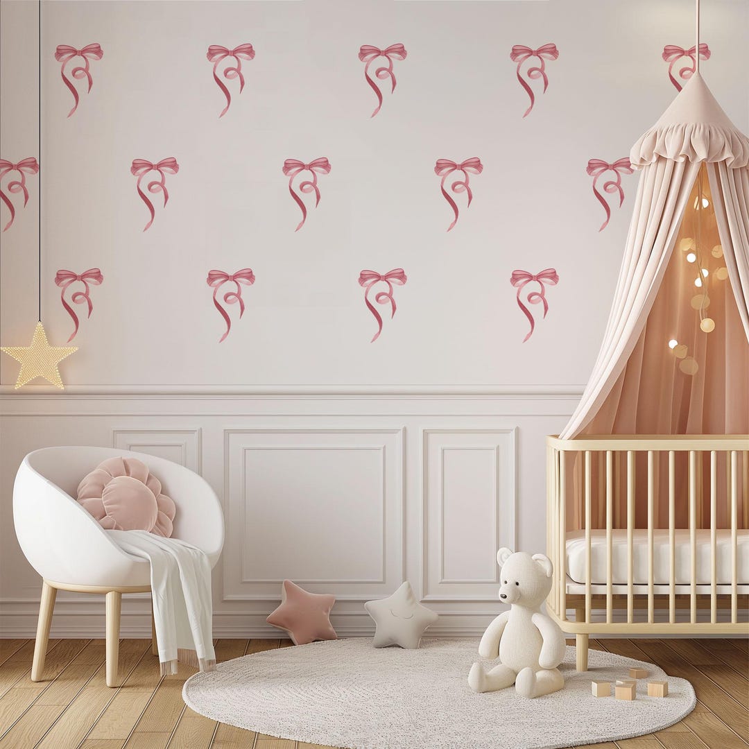Pink Bow Nursery Wall Decal Set Cute Ribbon Bow Wall Stickers Modern ...
