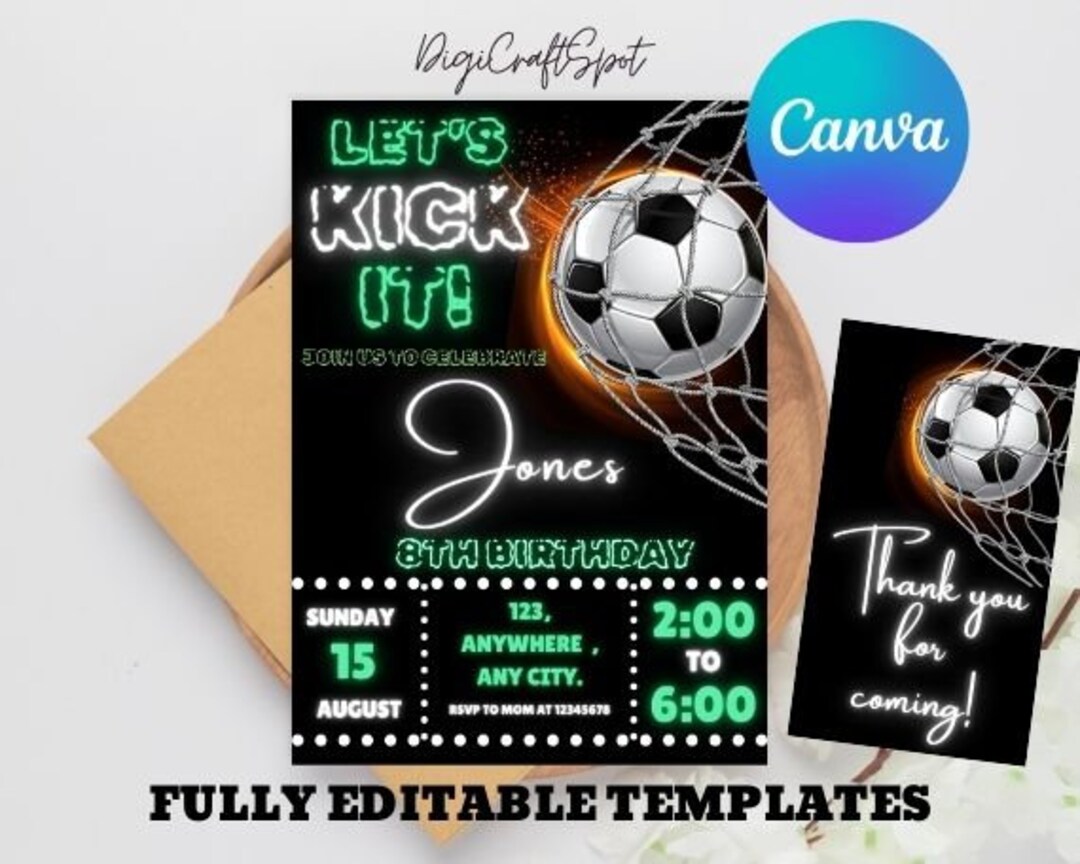 Editable Soccer Birthday Invitation Card Template, Football Invitation ...