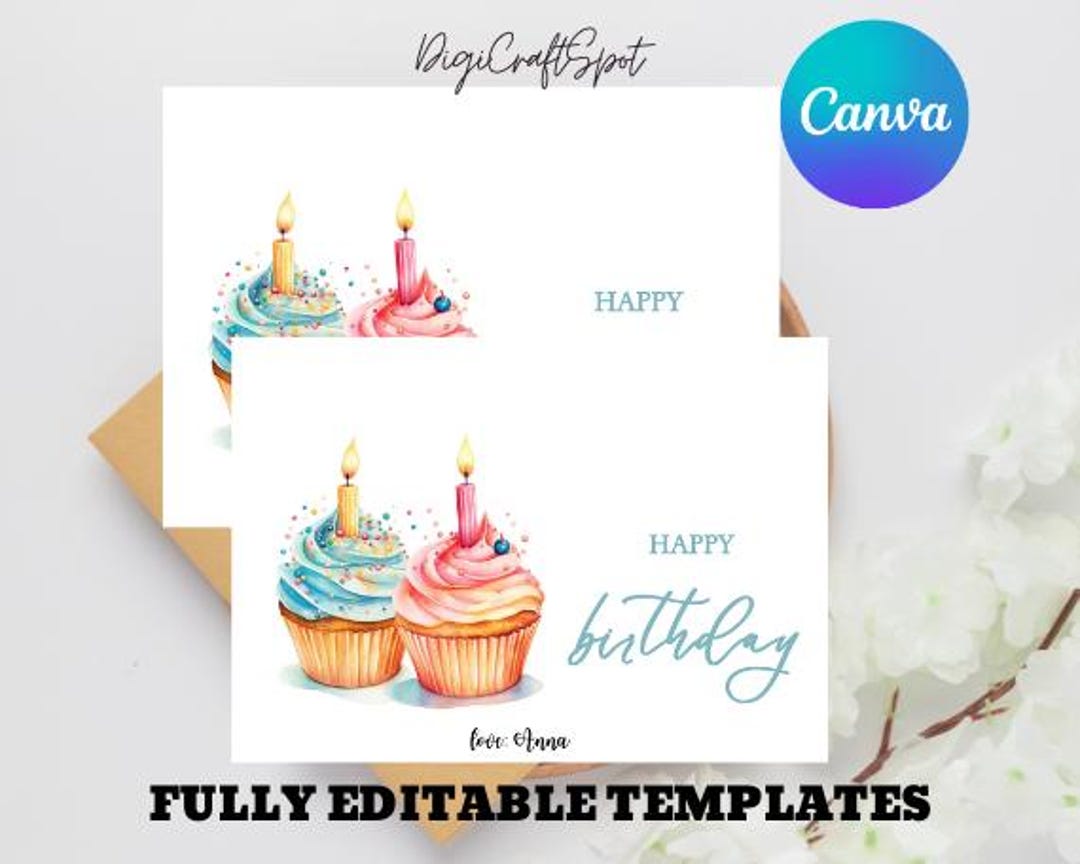 Editable Happy Birthday Card, Cupcake Greeting Card, Printable Colorful ...