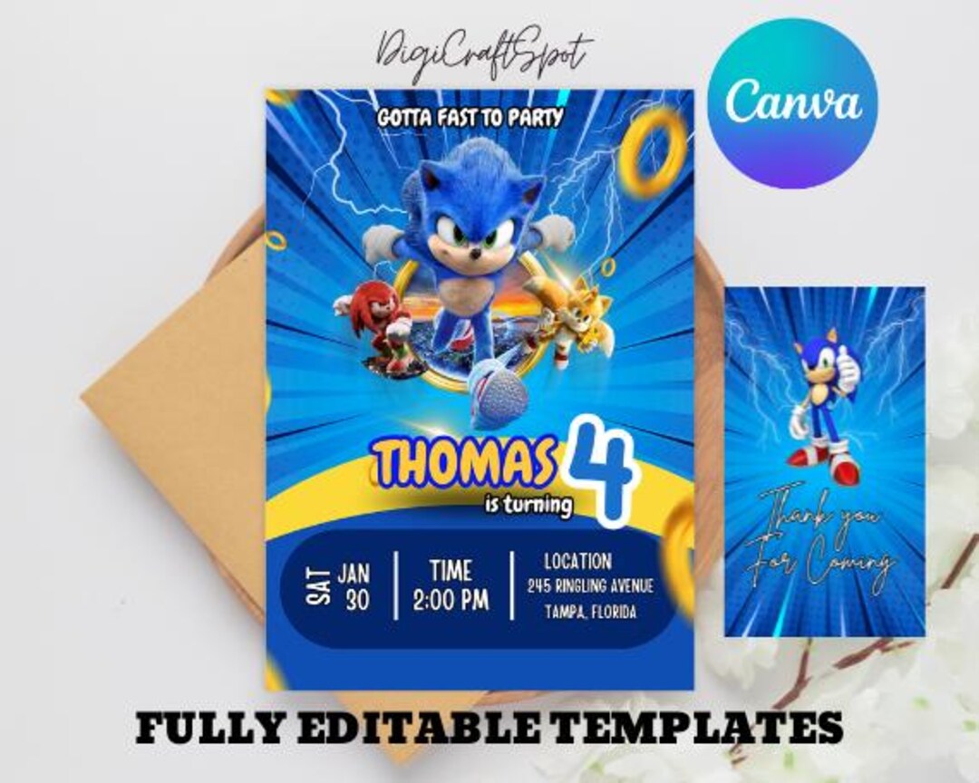 Sonic the Hedgehog Birthday Invitation Editable Canva Template ...
