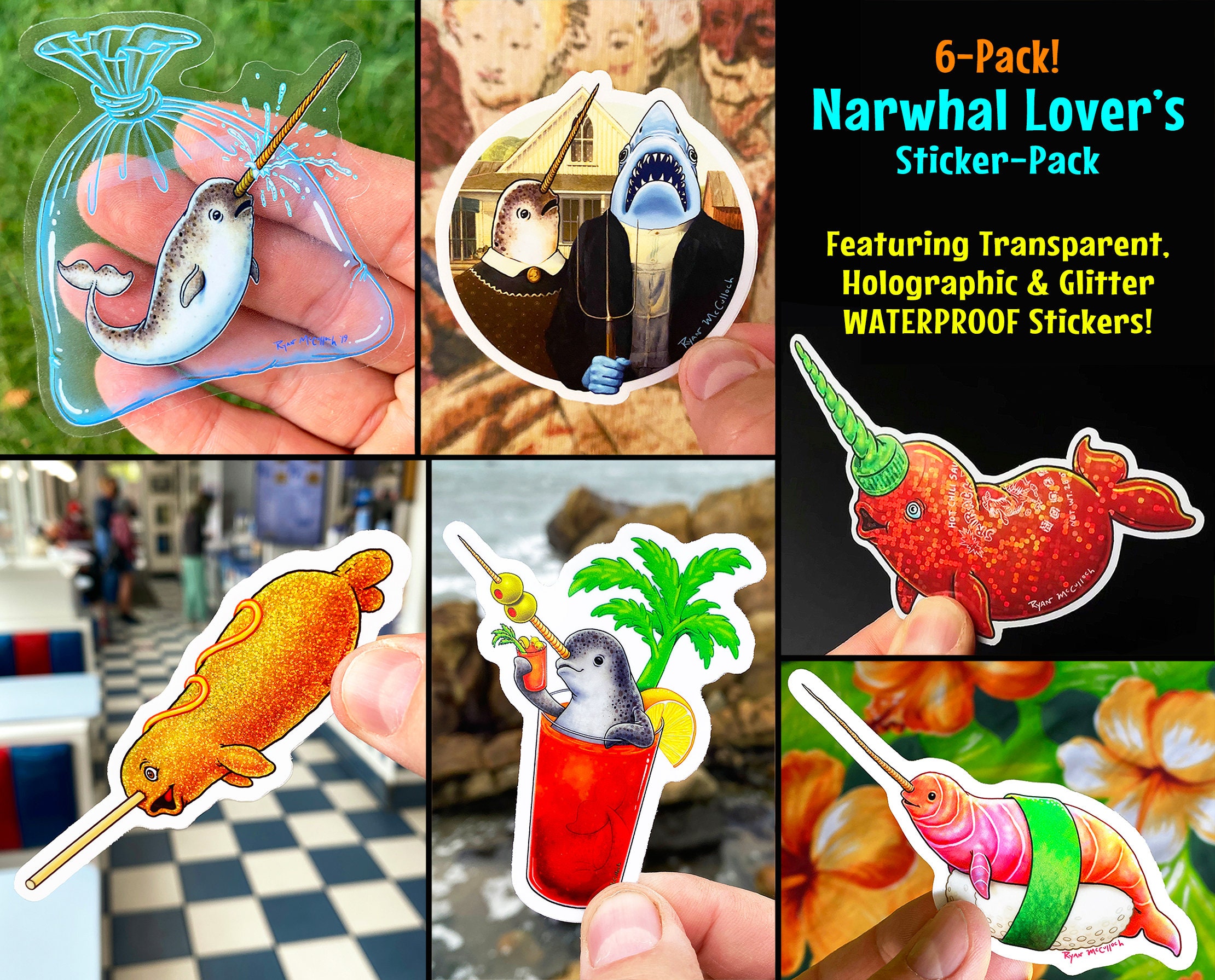 NARWHAL LOVERS Sticker Pack: 6 Vinyl Holographic Glitter & - Etsy