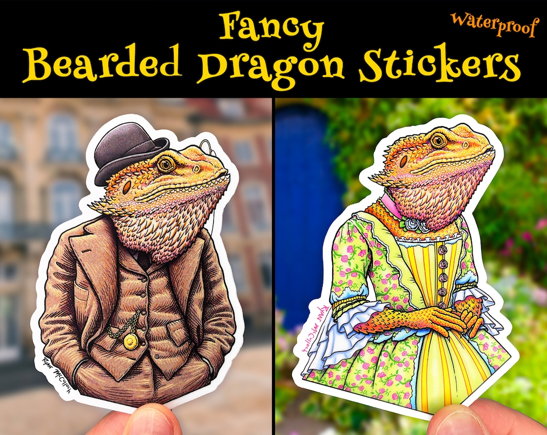 Fancy Bearded Dragon Stickers! Vintage Beardies! 2 Waterproof Stickers ...