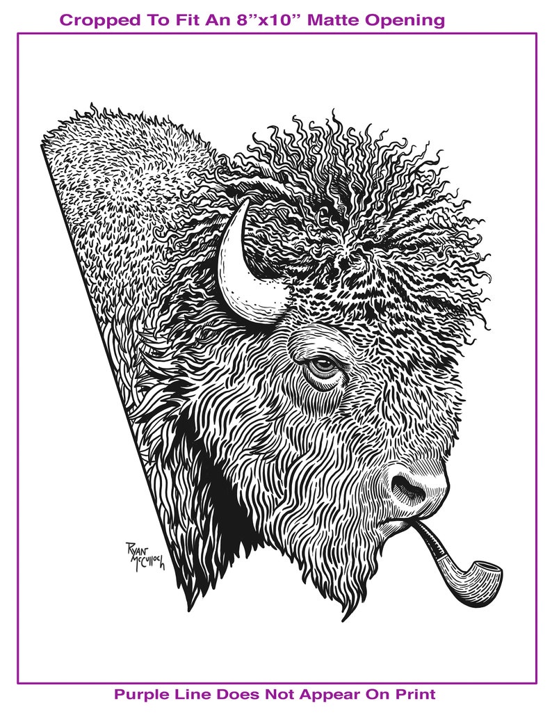 Signed Art Print: "smoked Buffalo" Bison With Smoking Pipe, Etching ...