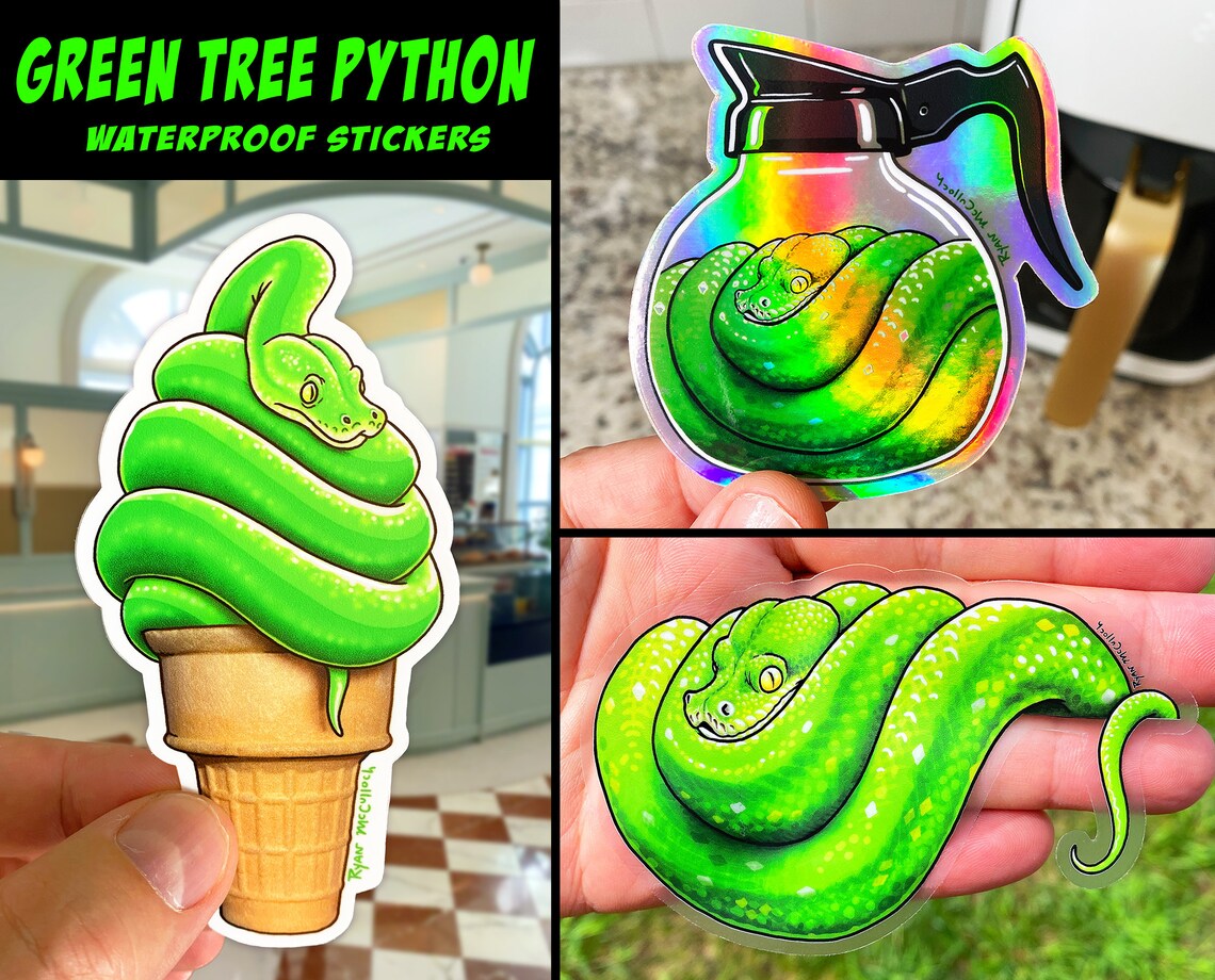 GREEN TREE PYTHON Sticker Pack! Cute Snake Stickers: Clear, Holo, Vinyl ...