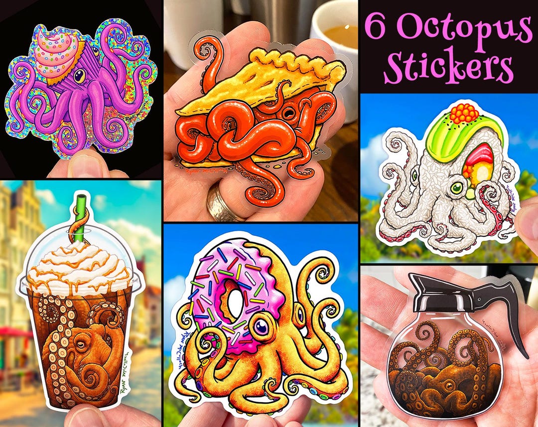 MORE OCTOPUS STICKERS! 6 Waterproof Stickers of Humorous Octopi as Food ...