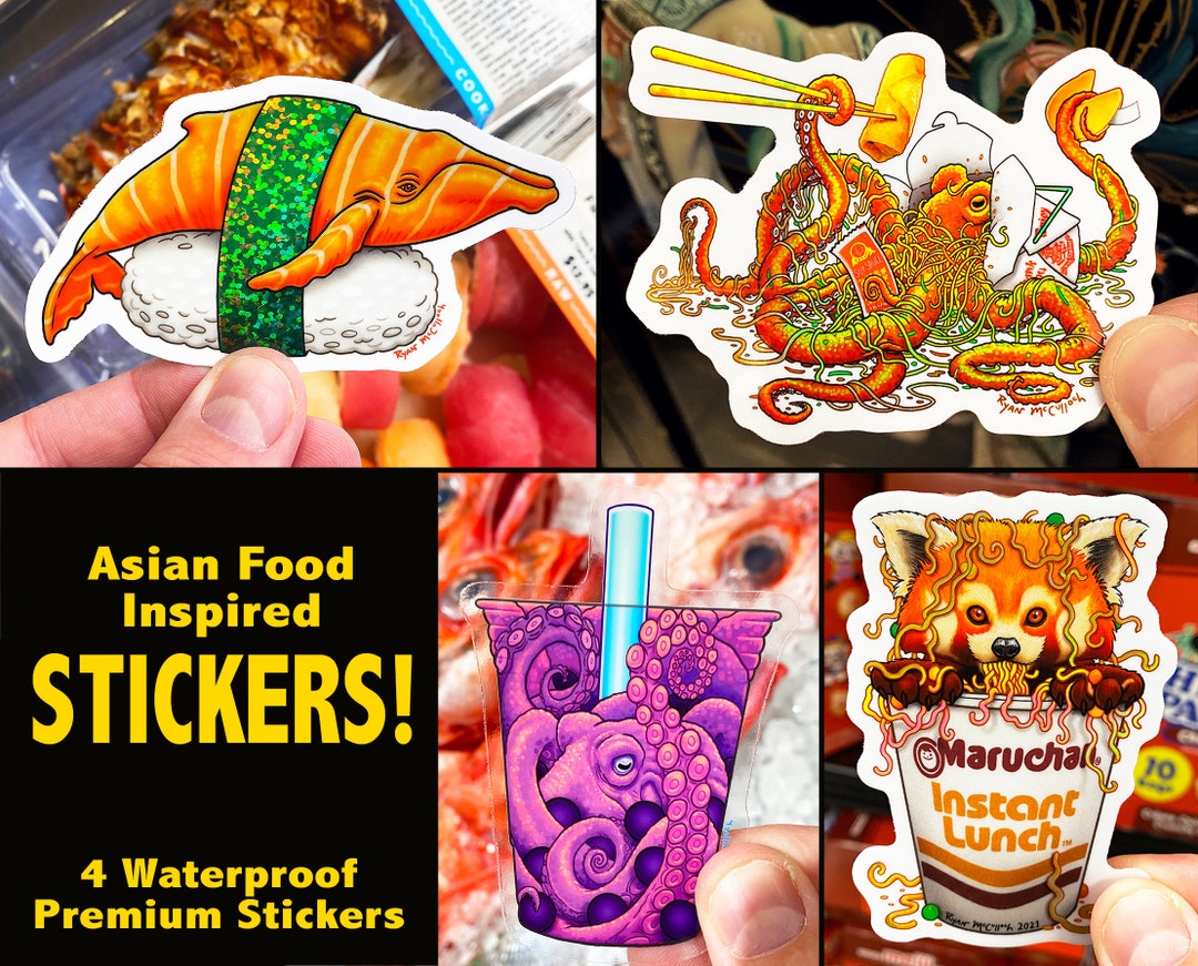 Asian Food Animals Sticker Pack of 4: Glitter, Transparent ...