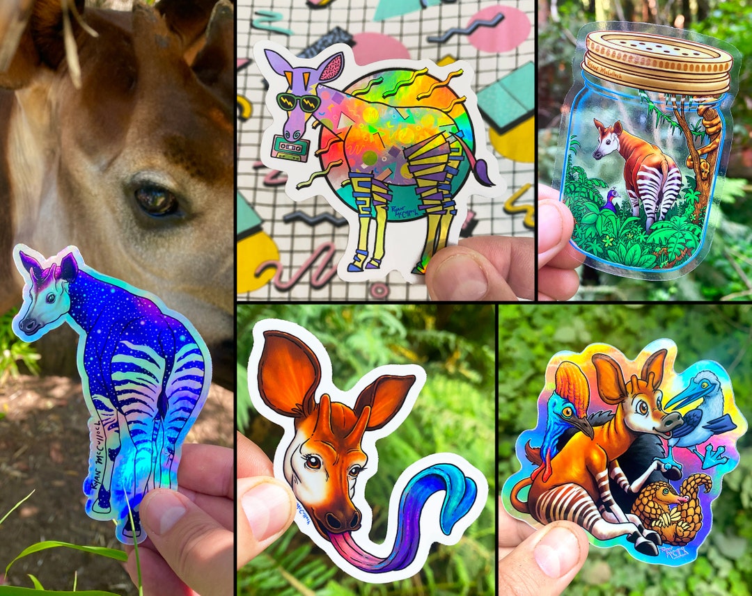 5 OKAPI STICKERS: Transparent & Holographic! Waterproof Water Bottle ...