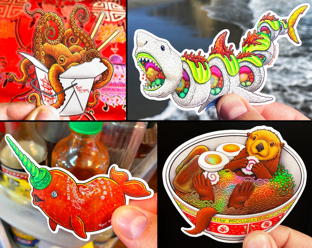 Asian Food Animal Sticker Pack of 4 Glitter, Transparent & Holo ...