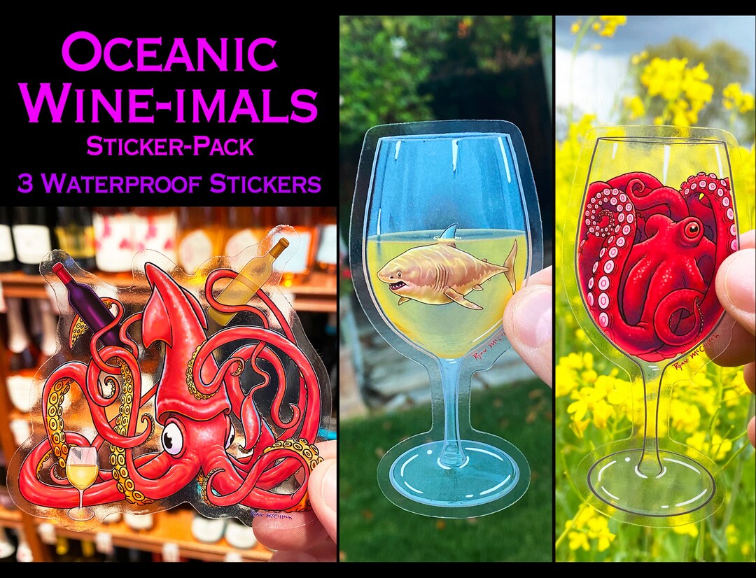 CLEAR STICKER 3-PACK: Ocean Animals With Wine! Octopus Merlot, Great ...