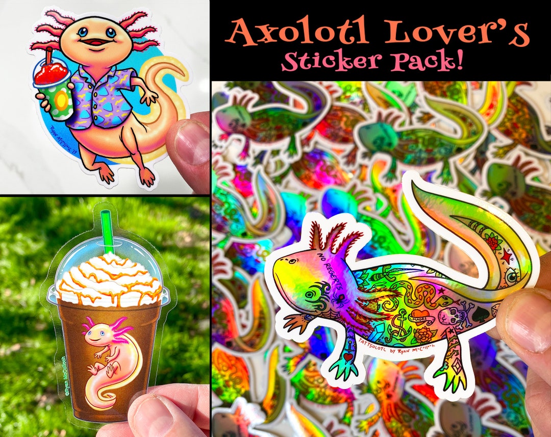 3 AXOLOTL STICKERS: Vinyl, Holographic & Transparent Waterproof ...