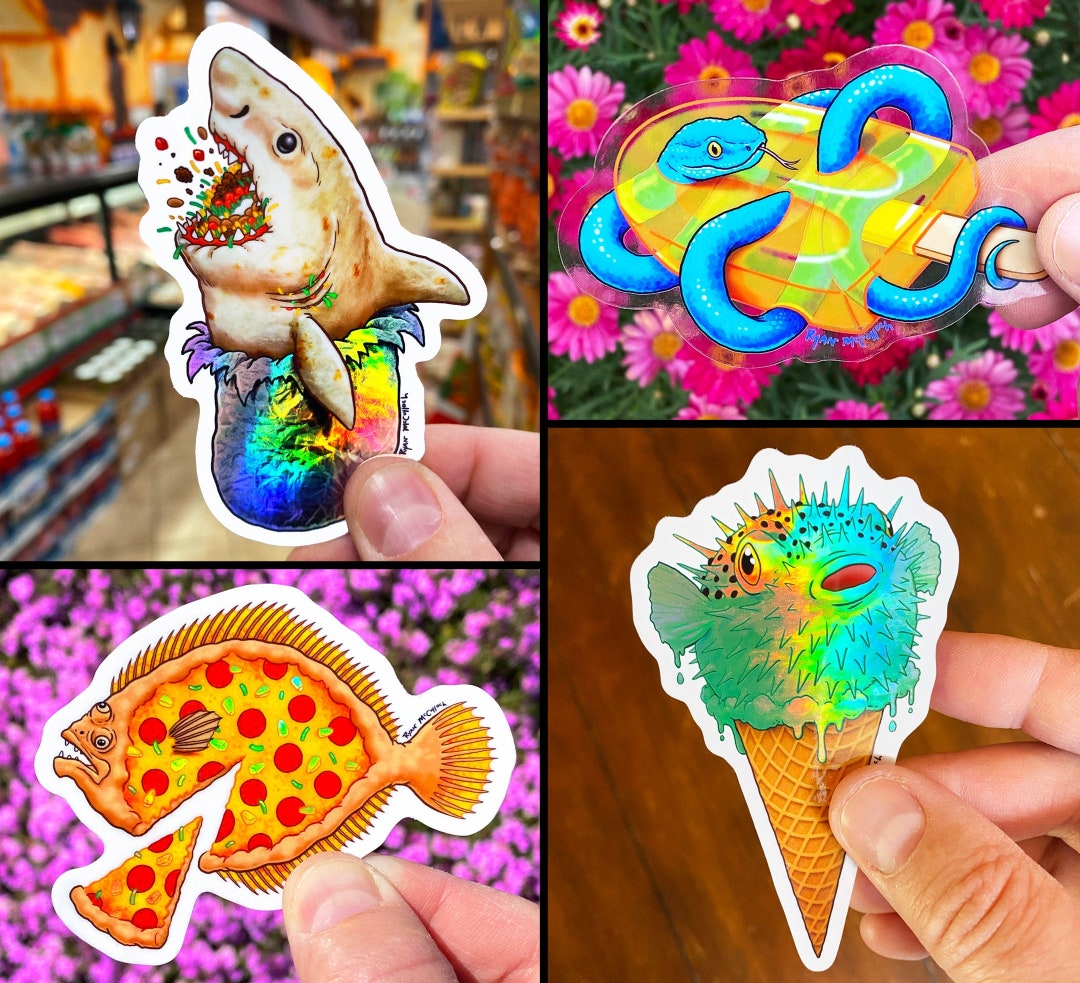 Food Animals Sticker Pack of 4 CLEAR & HOLOGRAPHIC STICKERS: Burrito ...