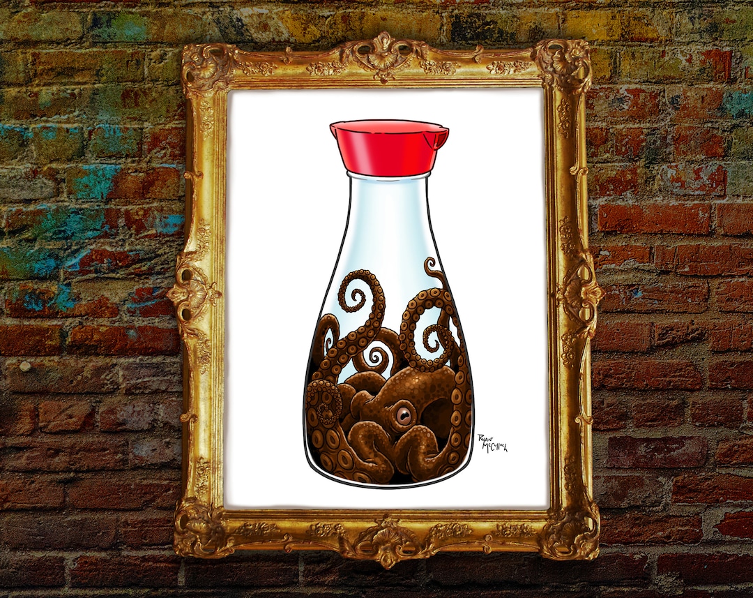 Signed Print: “soy Saucetopus” Surreal Painting, Brown Octopus in Soy ...