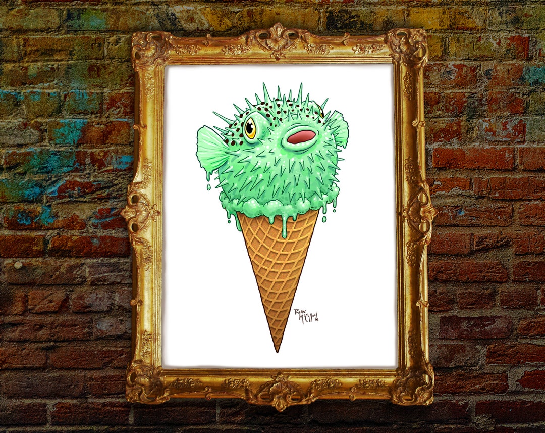 Signed Art Print: "pufferfish Ice Cream" Surreal Painting, Modern Beach ...