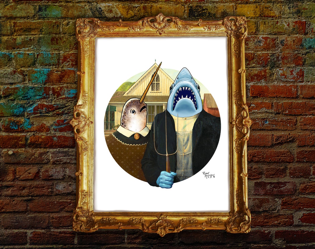 Signed Print: "ocean Gothic" Surreal Painting, Shark & Narwhal Humorous ...
