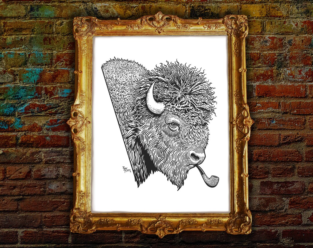 Signed Art Print: "smoked Buffalo" Bison With Smoking Pipe, Etching ...