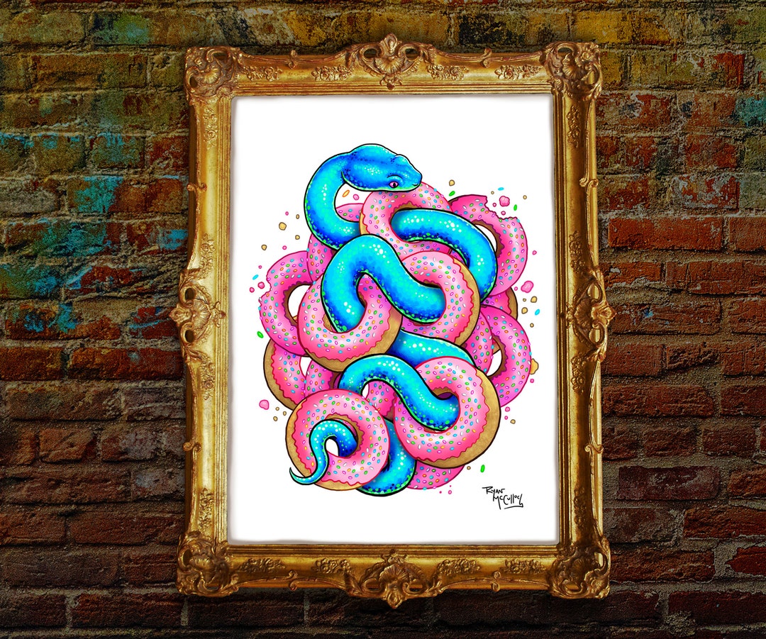 Signed Print: "snaker's Dozen" Snake Painting, Viper Eating Pink ...