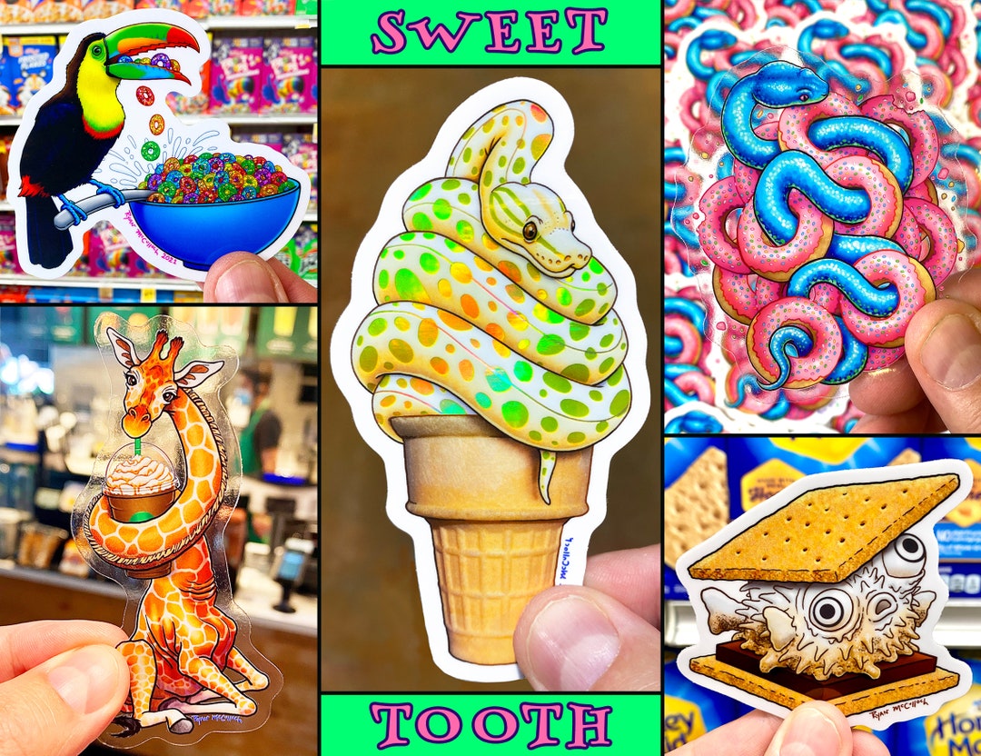 Food Animals Sticker Pack of 5 Clear, Glitter & Holo Stickers: Soft ...
