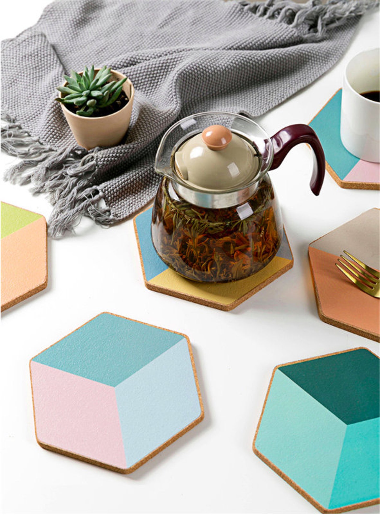 Cork Trivet Set, Multicolored Geometric Color Block Hexagon, Set of 4 ...