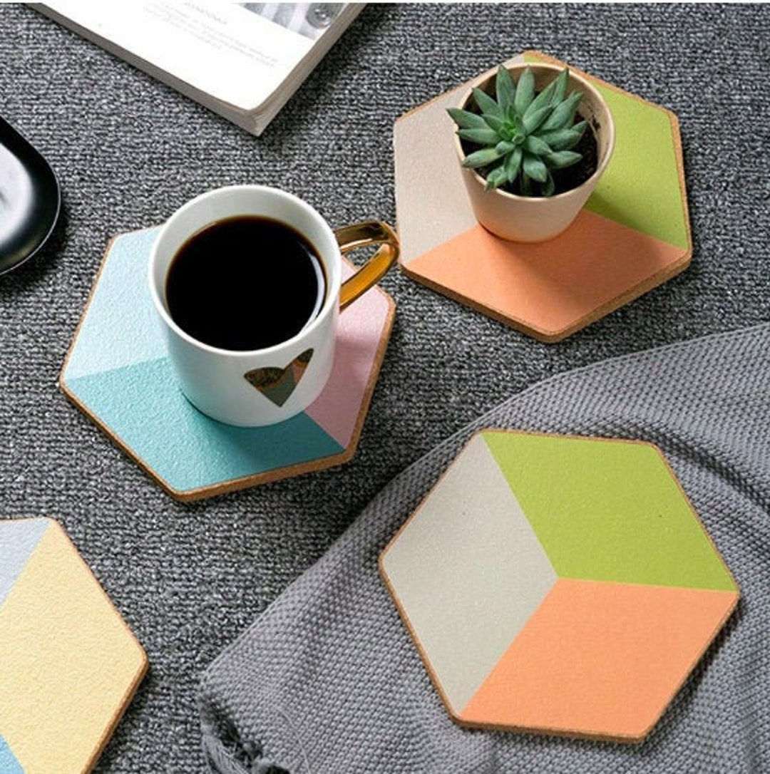 Geometric Coasters, Oversized Multicolored Color Block Hexagon, Set of ...