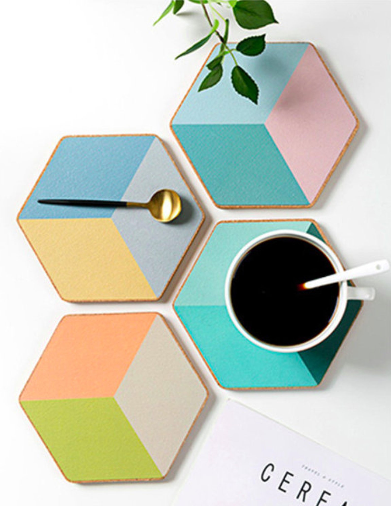 Cork Trivet Set, Multicolored Geometric Color Block Hexagon, Set of 4 ...