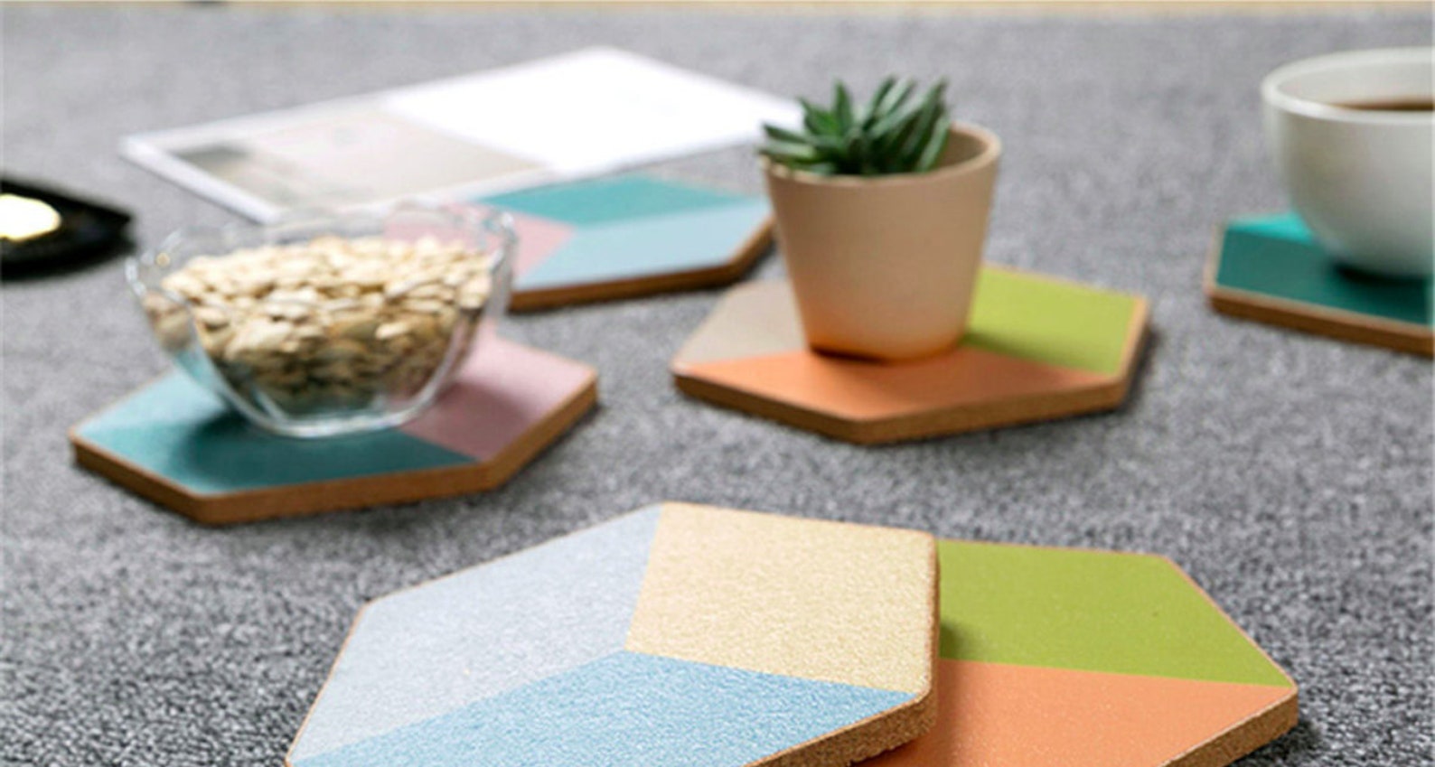 Cork Trivet Set, Multicolored Geometric Color Block Hexagon, Set of 4 ...